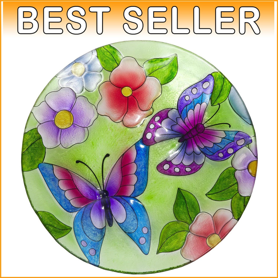 Decorative 18" Glass Birdbath Bowl with Butterfly & Floral Design for ...